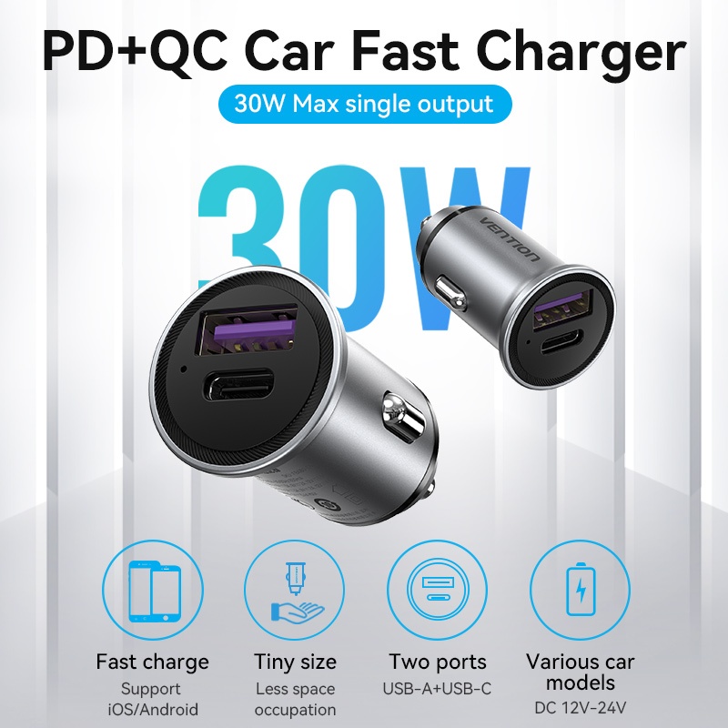 Jual CAR CHARGER VENTION 2-Port USB A + C 30W Mini Style Gray - FFF ...