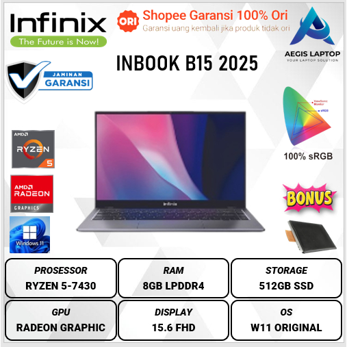 Jual Laptop INFINIX INBOOK B15 AMD RYZEN 5 7430U RAM 8GB SSD 1TB ...