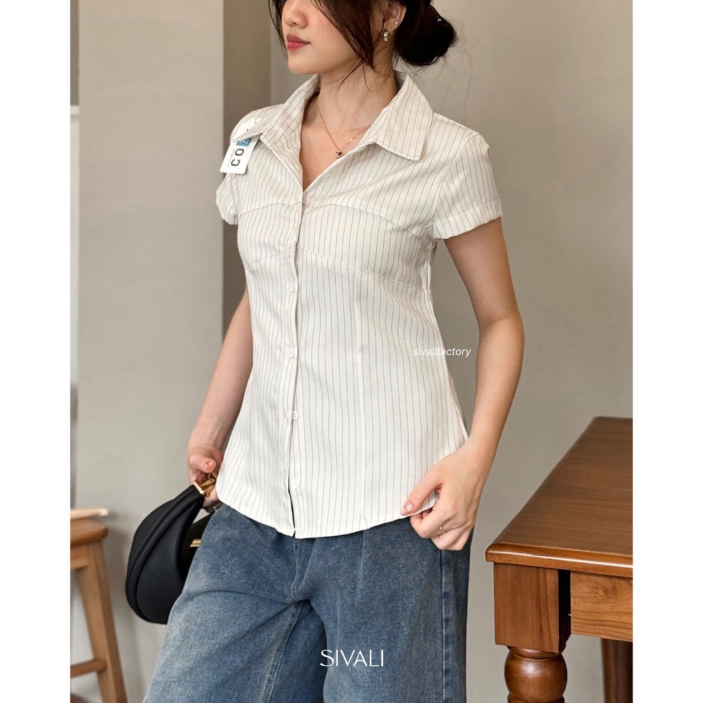 Jual SIVALI Millie Fitted Stripe Shirt - Kemeja Wanita Petite Shortsleeve Atasan Lengan Pendek ...