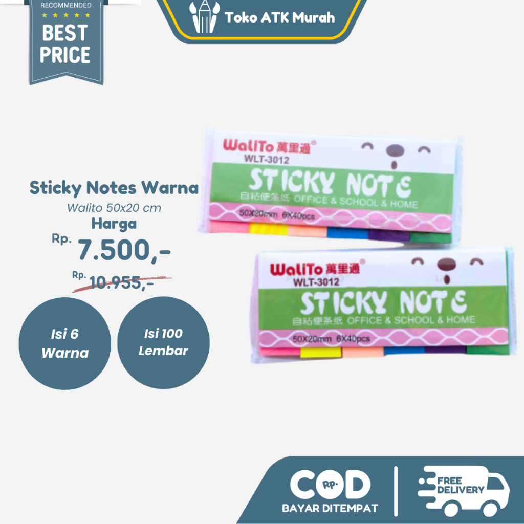 Jual Memo Tempel Fluourescent Sticky Notes Walito 50x20 WLT-3012 240 ...