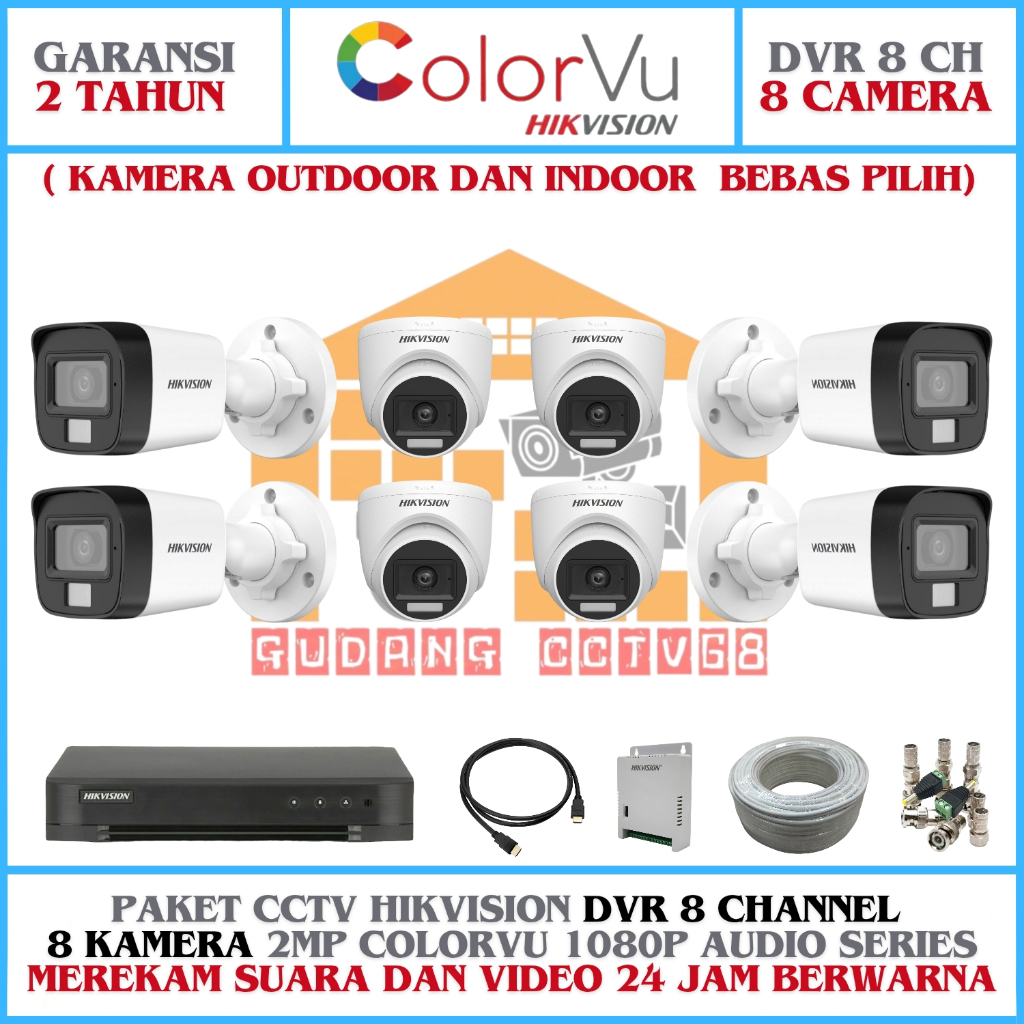 Jual PAKET CCTV HIKVISION 8 CHANNEL 8 KAMERA 2MP COLORVU 1080P AUDIO ...