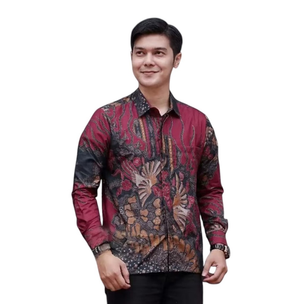 Jual Kemeja Batik Pria Lengan Panjang Merah Elegan - Bahan Katun Halus ...