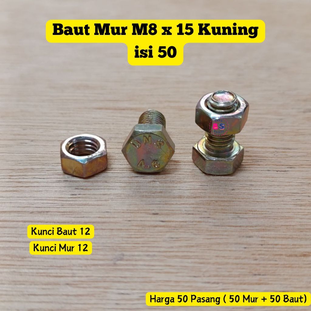 Jual BAUT MUR BESI SIKU LUBANG M8 x 15 kuning | M8x15 isi 50 pcs (50 pasang baut dan mur ...