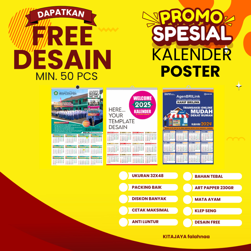 Jual (FREE DESAIN) Kalender Poster 2026 | Kalender 1 Lembar CUSTOM ...