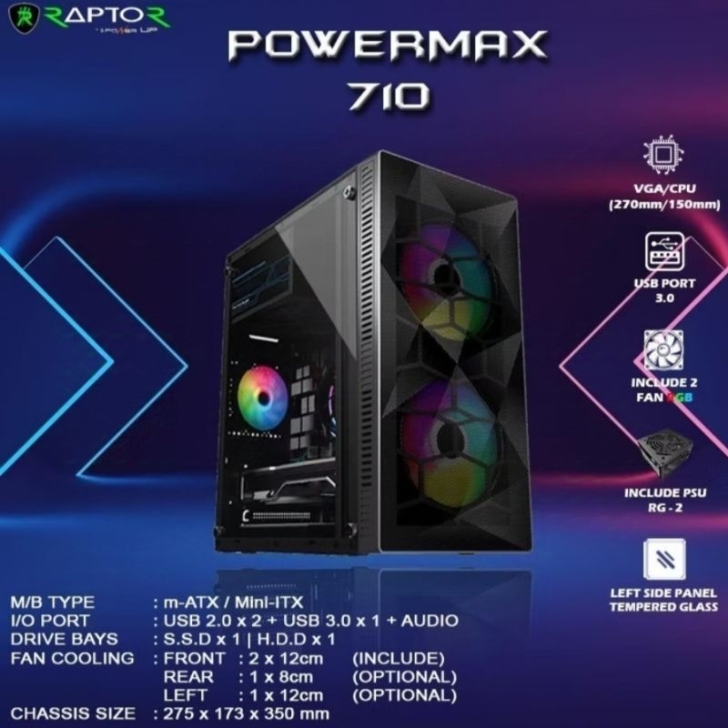 Jual Casing Gaming Raptor Powermax 710 include PSU 500Watt 2 FAN RGB ...