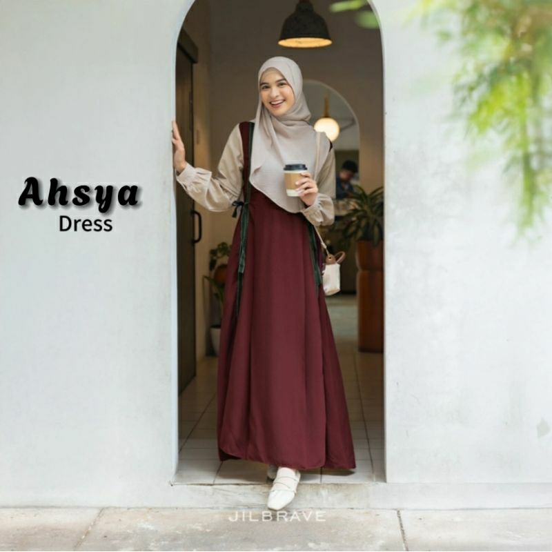 Jual AHSYA DRESS JILBRAVE | Dress Feminine Kombinasi Aksen Pita | Gamis Elegant minimalis ...