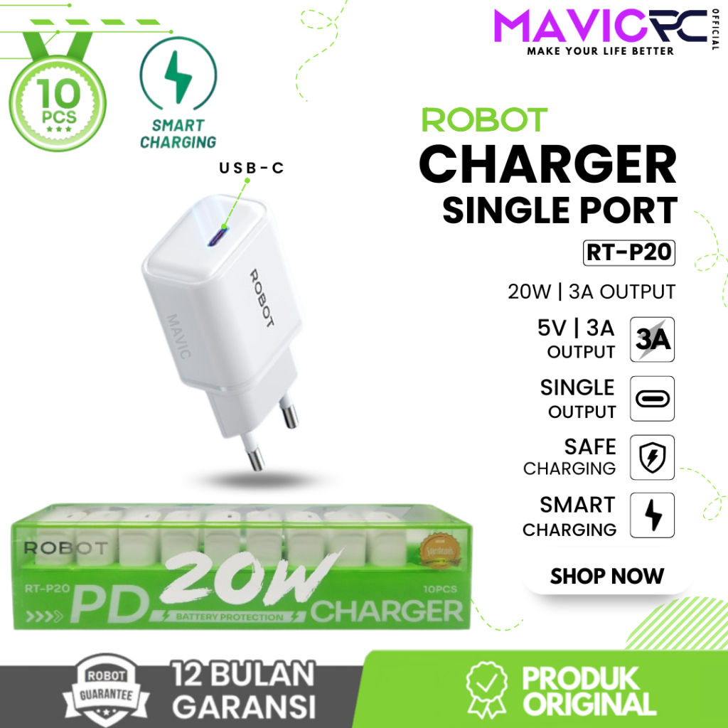 Jual [1 BOX 10 PCS ] ROBOT RT-P20 Charger Adaptor Single Port USB-C ...