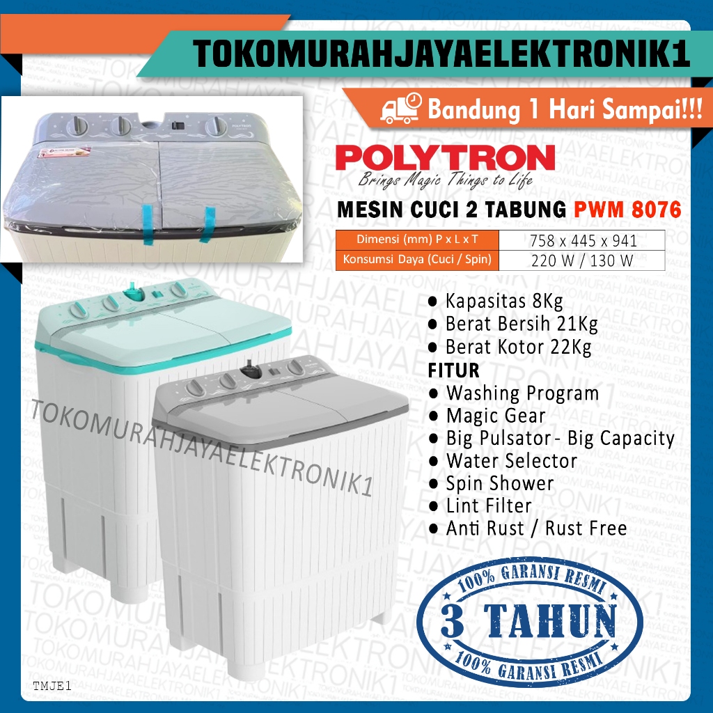 Jual mesin cuci 2 tabung polytron 8kg pwm 8076 g/y garansi resmi ...