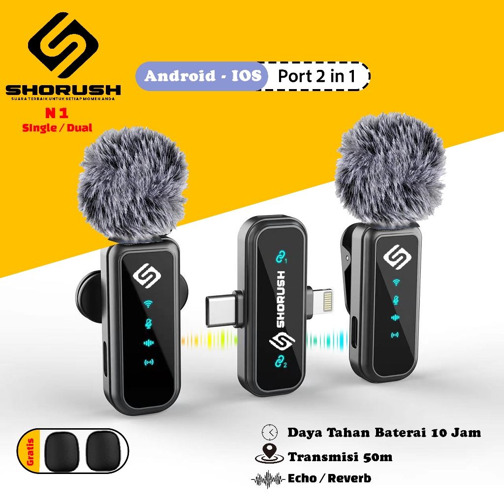 Jual Shorush N1 2 In 1 Single Dual Wireless Microphone Clip On Mic Portable Android Iphone ...