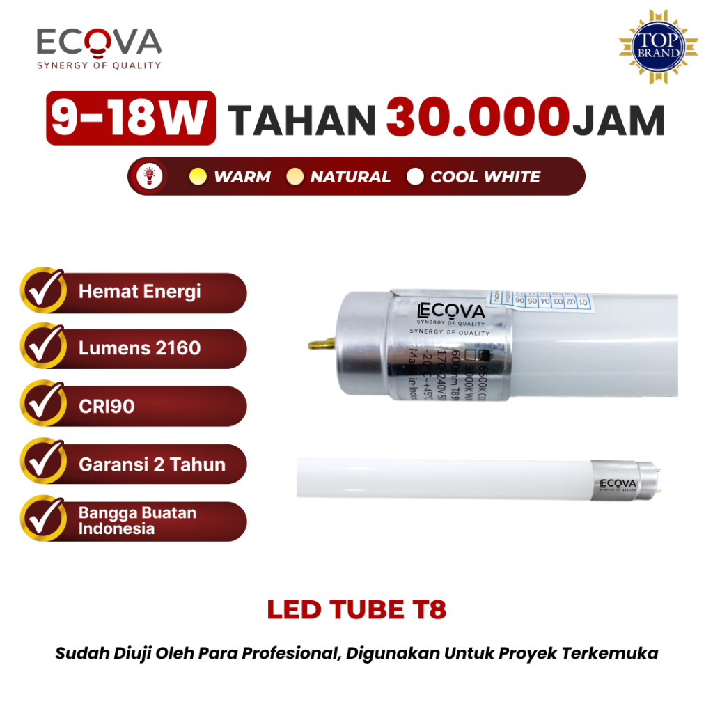 Jual Ecova - Lampu TL T8 Terang Hemat Energi & Tahan Lama Tube Light Putih & Kuning | 9W 60cm ...