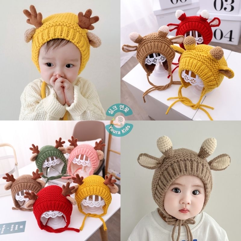 Jual 6bln - 3thn | Topi BONNET Rajut Anak Batita-COW x REINDEER x FROG ...