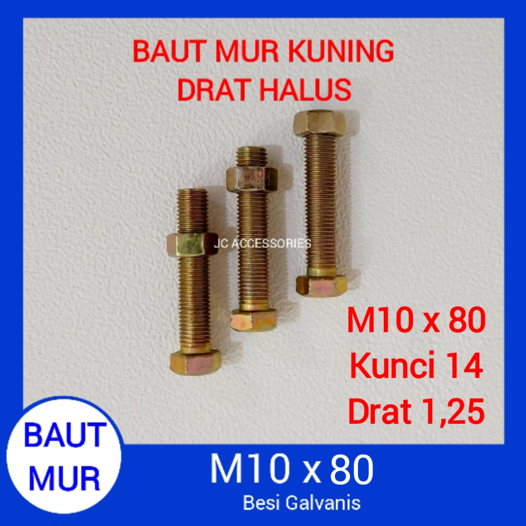 Jual BAUT MUR KUNING M10x80 KUNCI 14 PITCH 1,25 DRAT HALUS HALF DRAT ...