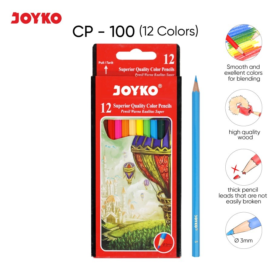 Jual Joyko CP-100 Pensil Warna Superior Kualitas Super 12 warna ...