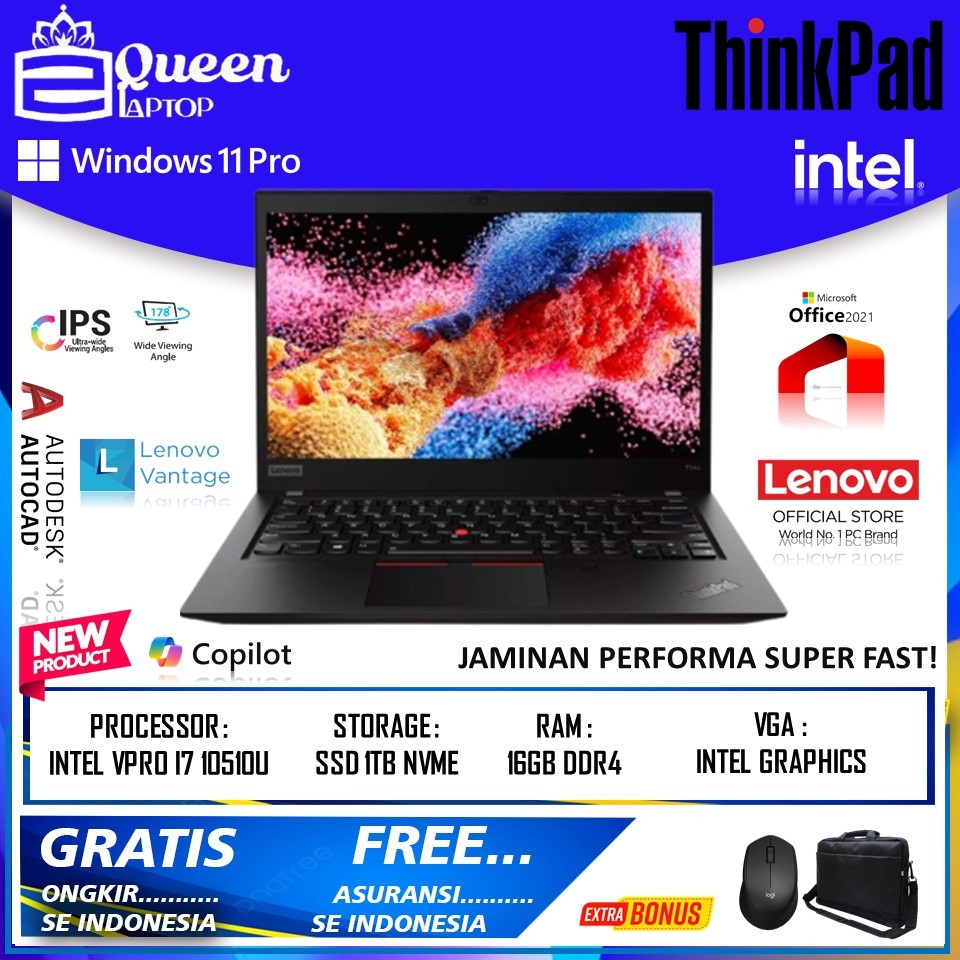 Jual Laptop Slim Lenovo Thinkpad T14 Intel Vpro I7 10610U Ram 16GB 1TB ...