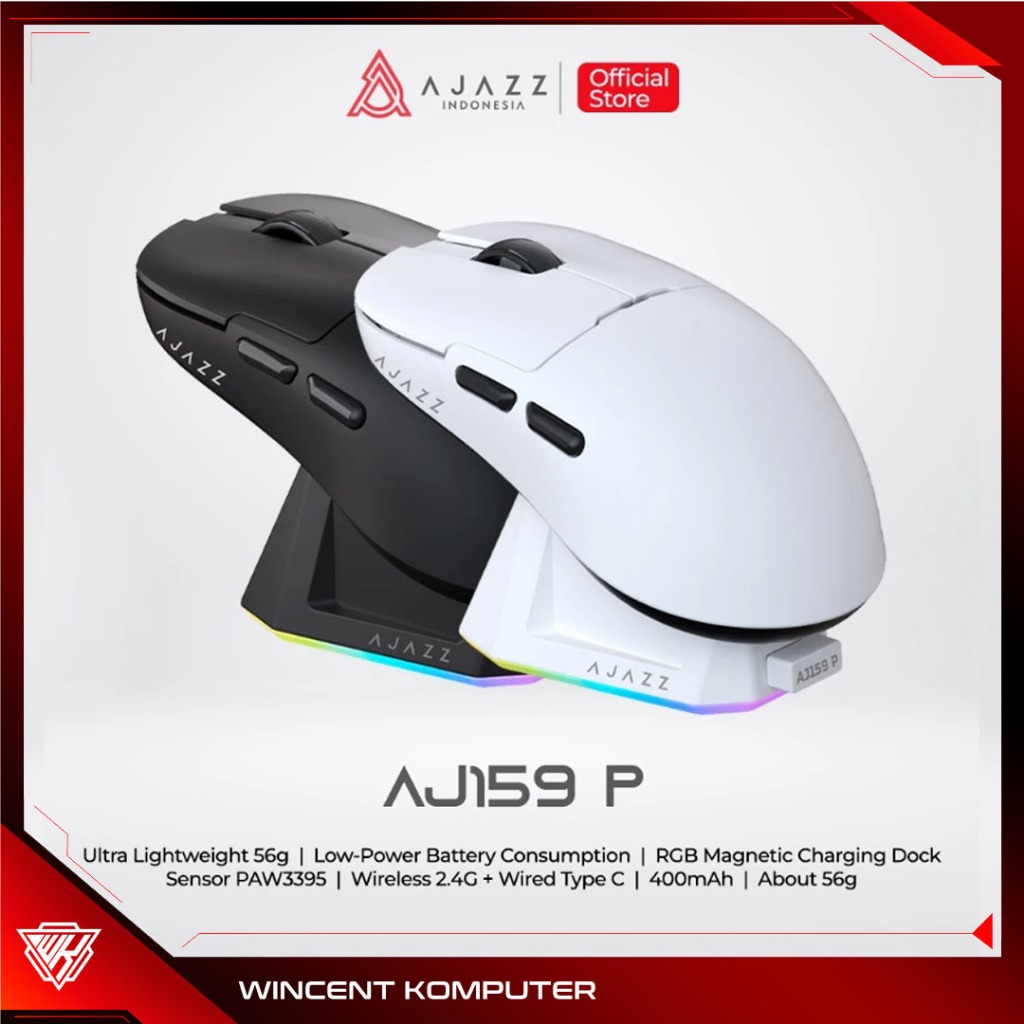 Jual Mouse Gaming Dual Mode PAW3395 up to 26000 DPI Ajazz AJ159 P black with Magnetic Charging ...