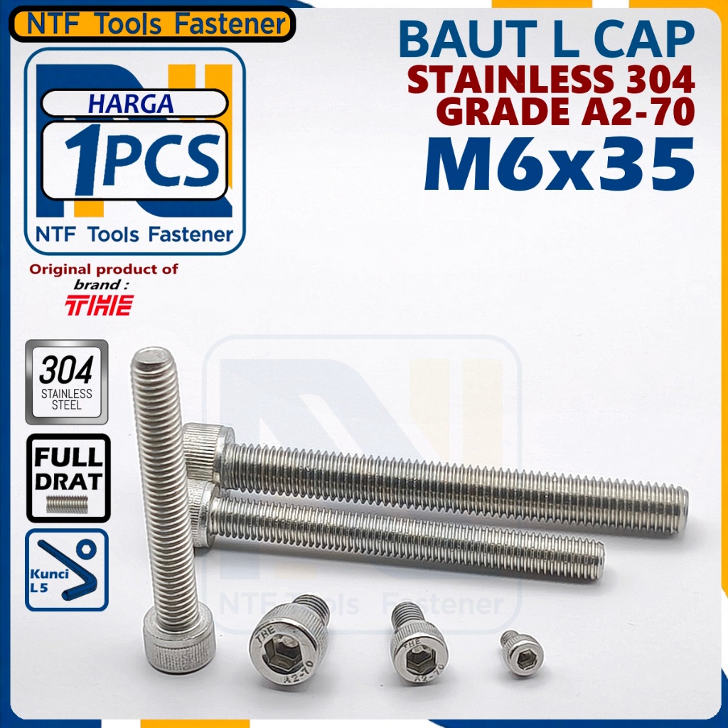 Jual BAUT L M6x35 STAINLESS SUS 304 A2-70 PITCH 1.00 FULL THREAD HEXAGON SOCKET HEAD CAP SCREWS ...