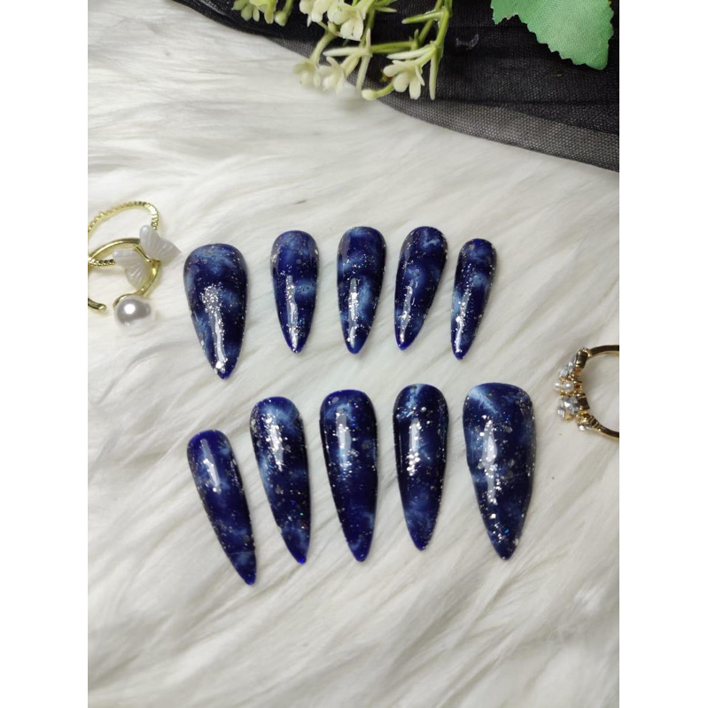 Jual PBP press on nails biru bebas custom bentuk ukuran warna best ...