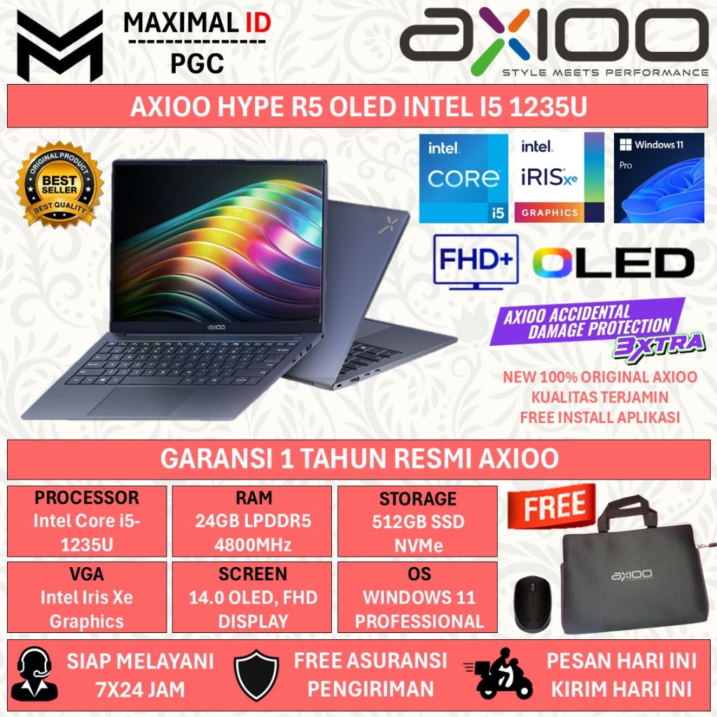 Jual Laptop Axioo Hype R5 Oled Intel i5 1235U RAM 24GB 512GB SSD Full ...