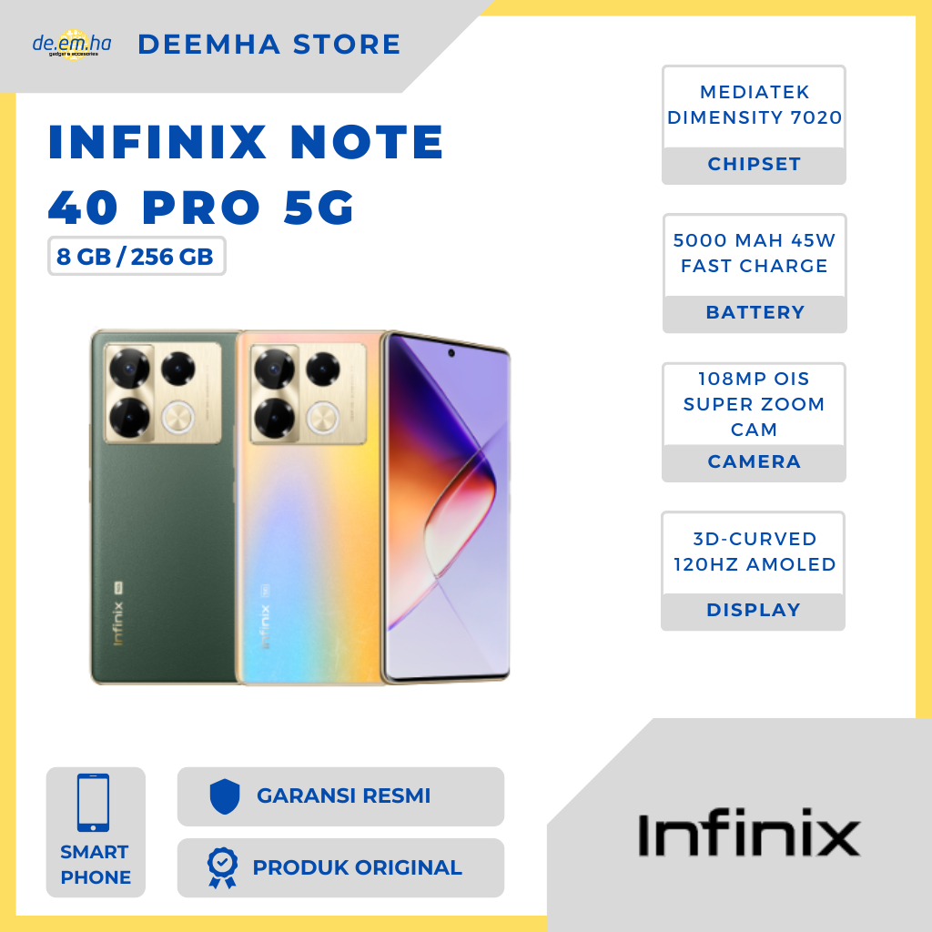 Jual Infinix Note Pro 40 5G 8GB/256GB Garansi Resmi | Dimensity 7020 | 3D-Curved 120Hz AMOLED ...