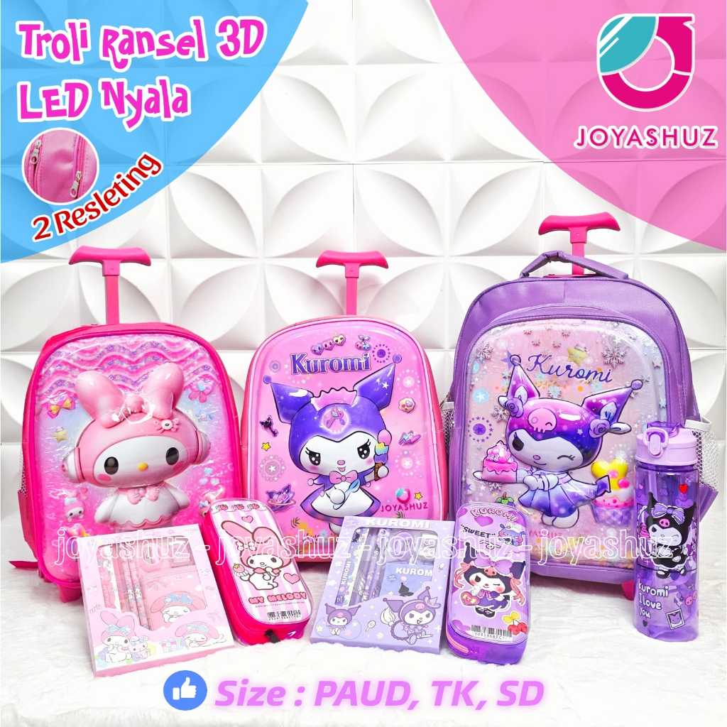 Jual Tas Troli Anak Perempuan TK SD Ransel Kuromi Timbul 3D LED Glosy - Tas Dorong Anak TK SD ...
