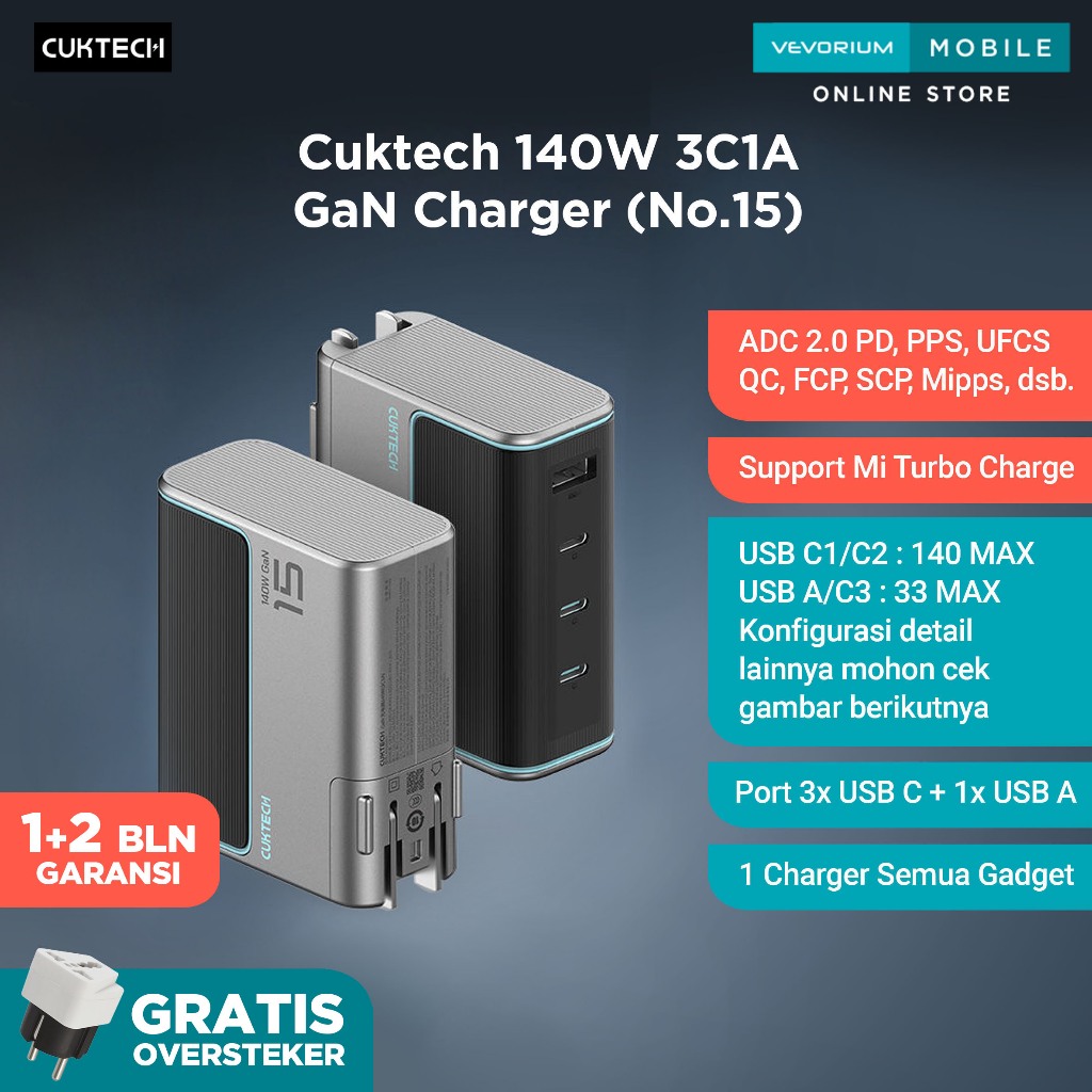 Jual CUKTECH 140W Gan 3C1A 4 Port USB Charger No.15 GaN Super Energy ...