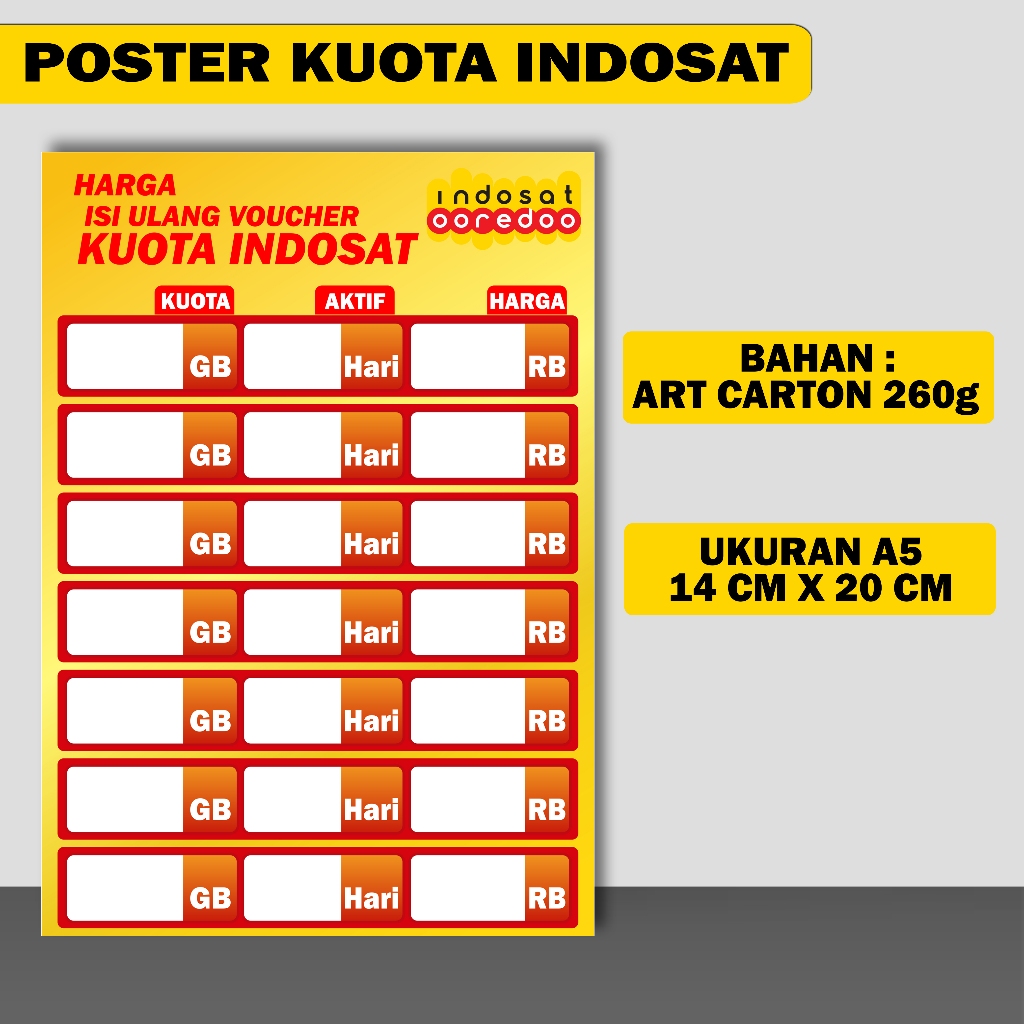 Jual POSTER KONTER DAFTAR HARGA VOUCHER KUOTA INDOSAT (CUSTOM) | Shopee ...