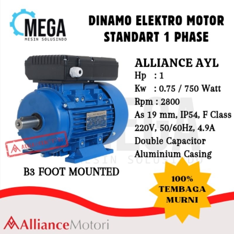 Jual Alliance Dinamo 1 Phase 1 HP 0.75 KW 2800rpm Dual Capasitor 100% FULL TEMBAGA -- Electro ...