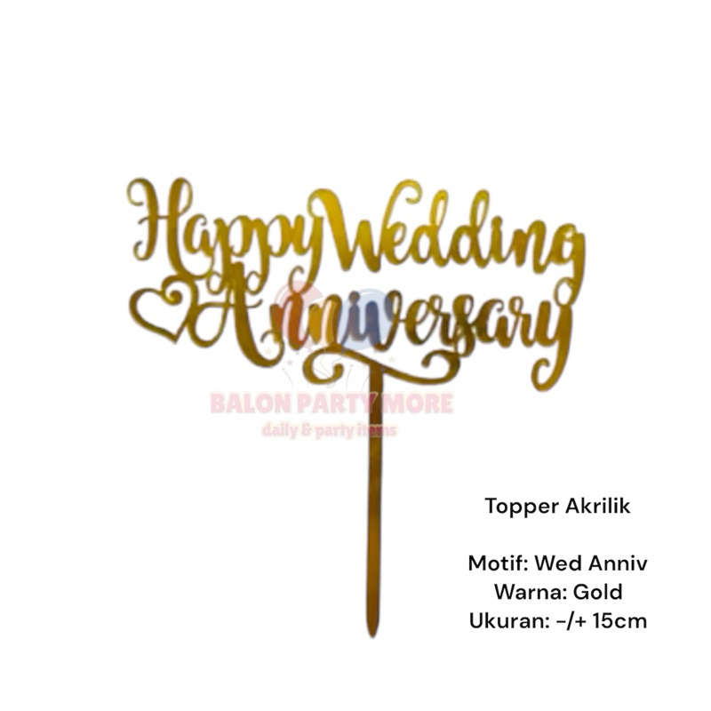 Jual (PER PCS) AKRILIK Cake Topper Happy Wedding Anniversary Gold ...