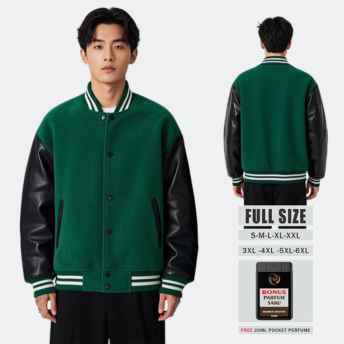 Jual Jaket Baseball Varsity Pria Wanita Oversize Kombinasi Kulit HIJAU ...