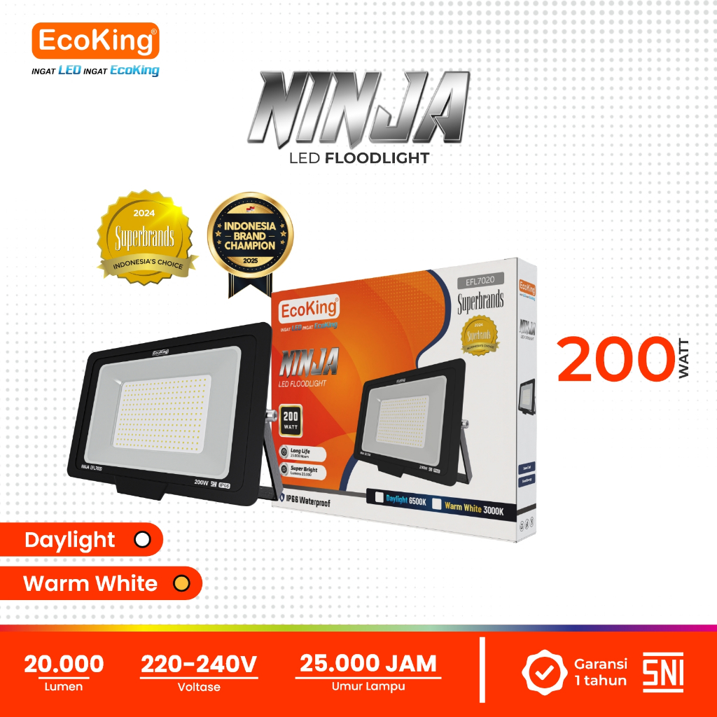 Jual EcoKing Lampu Sorot LED Flood Light Ninja 200W Cahaya Putih/Kuning ...
