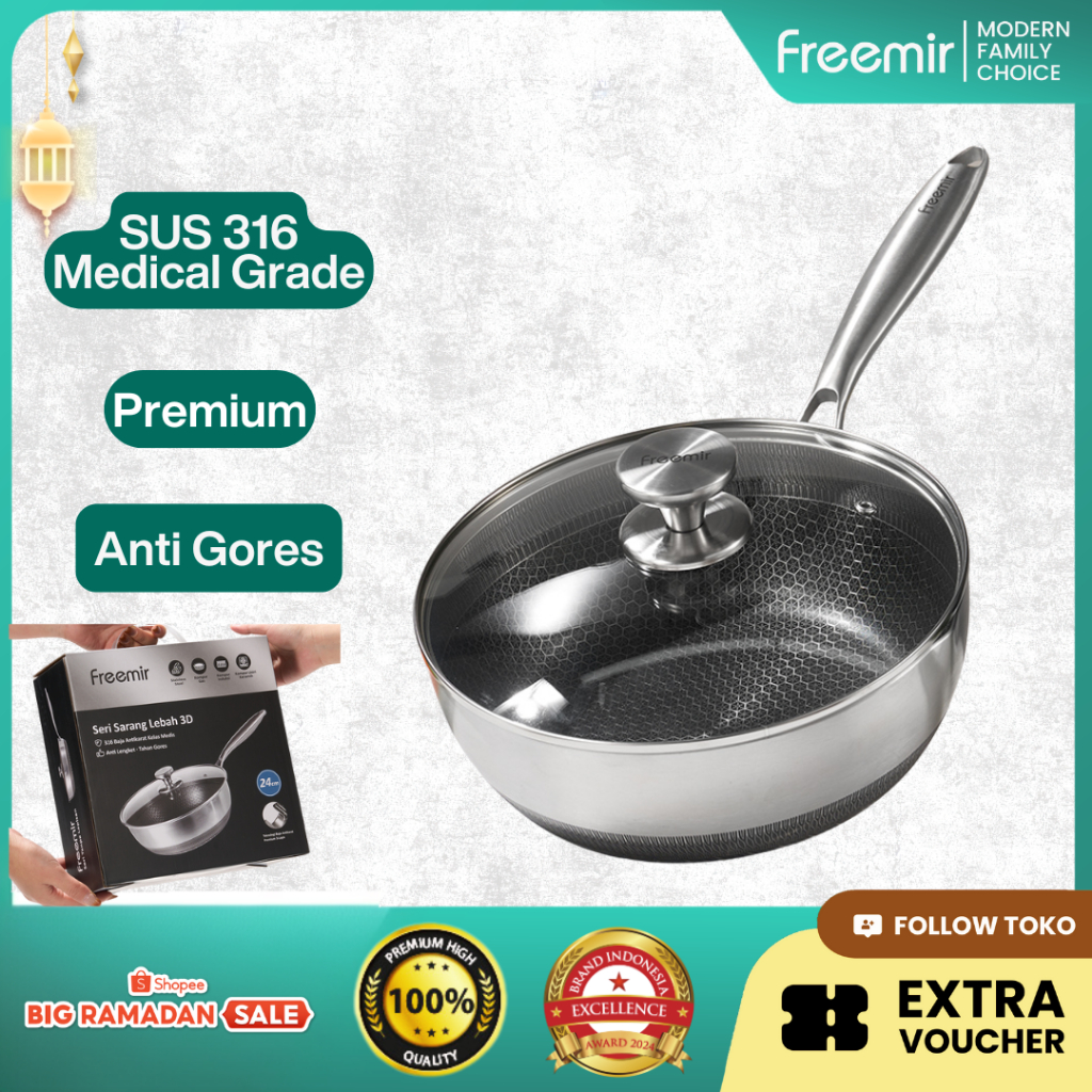 Jual [NEW 2025] freemir Stainless Steel SUS 316 Honeycomb Wok Pan 24cm Tutup Kaca Anti Lengket ...
