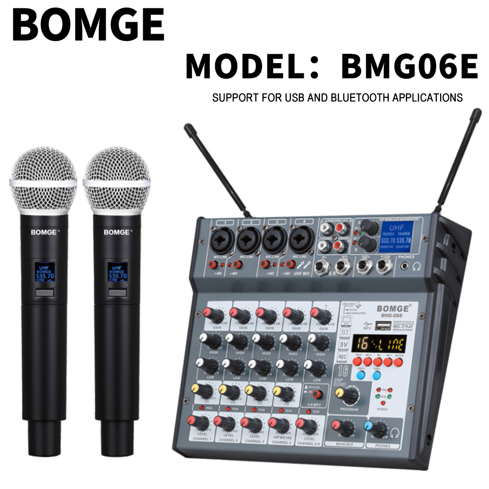 Jual BOMGE BMG-06E Professional Audio Mixer With Dual Wireless Microphone 6 Channel Dj Mixer ...