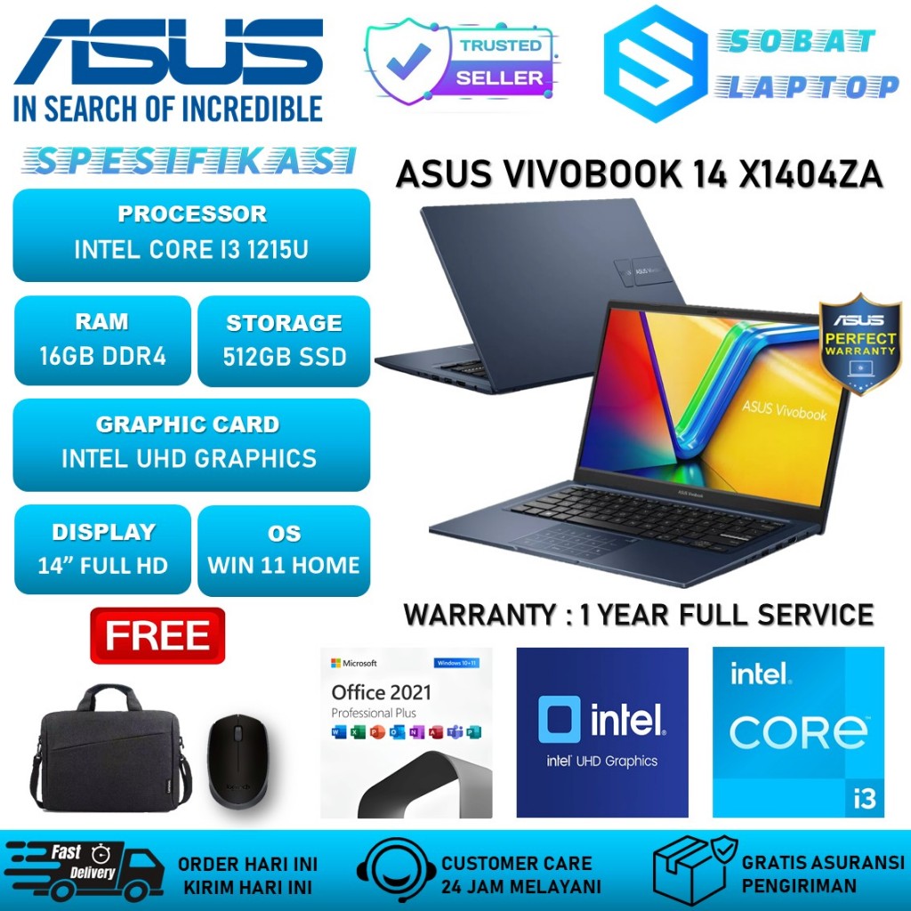 Jual Laptop Asus Vivobook 14 Intel I3 1215U X1404ZA RAM 16GB 512GB SSD 14" FHD Windows 11 ...