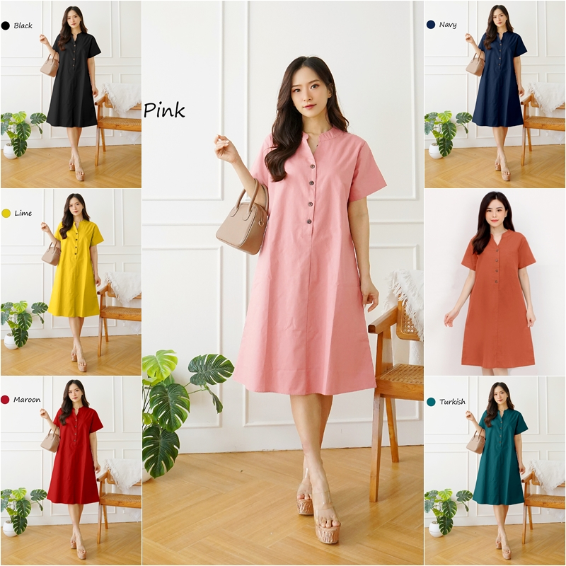 Jual Dress Midi Wanita Korean Style Polos Basic Baju Gaun A line ...