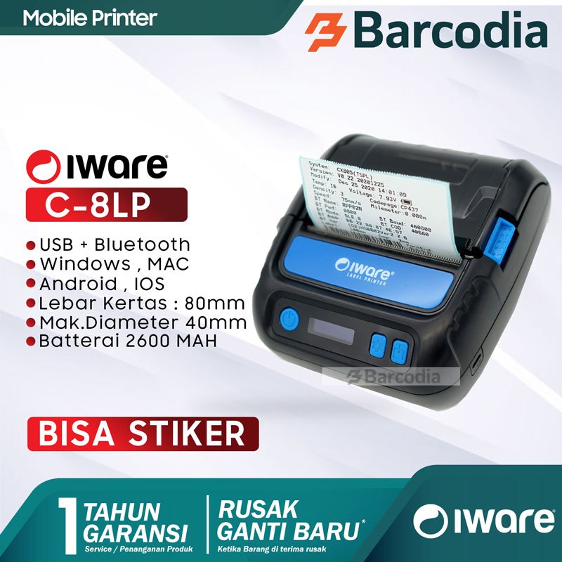 Jual IWARE IW-C8LP Mobile Printer Bluetooth Thermal Barcode Stiker ...