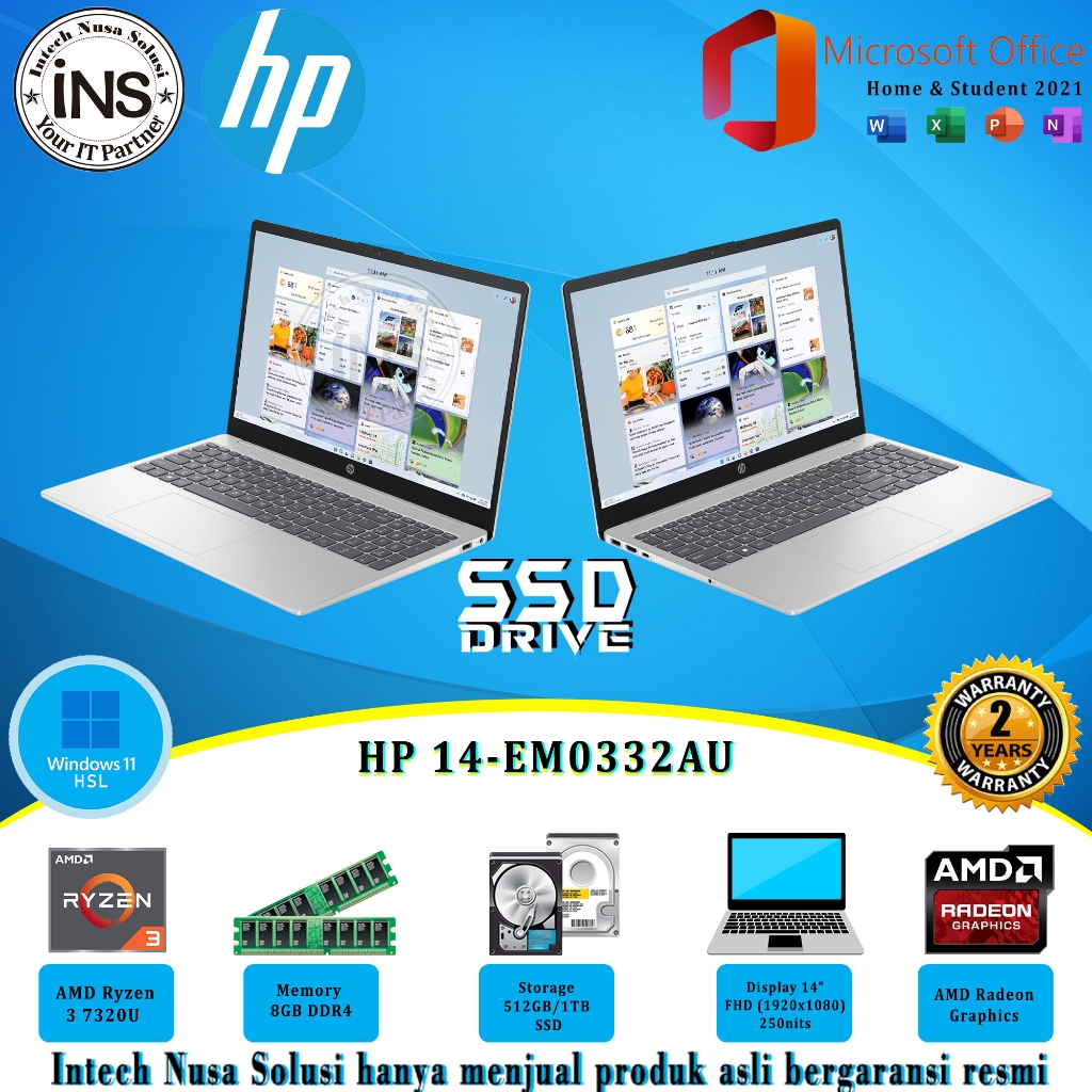 Jual HP 14-EM0332AU R3-7320U 8GB 512GB SSD WIN11HSL+OHS2021 2YR ...