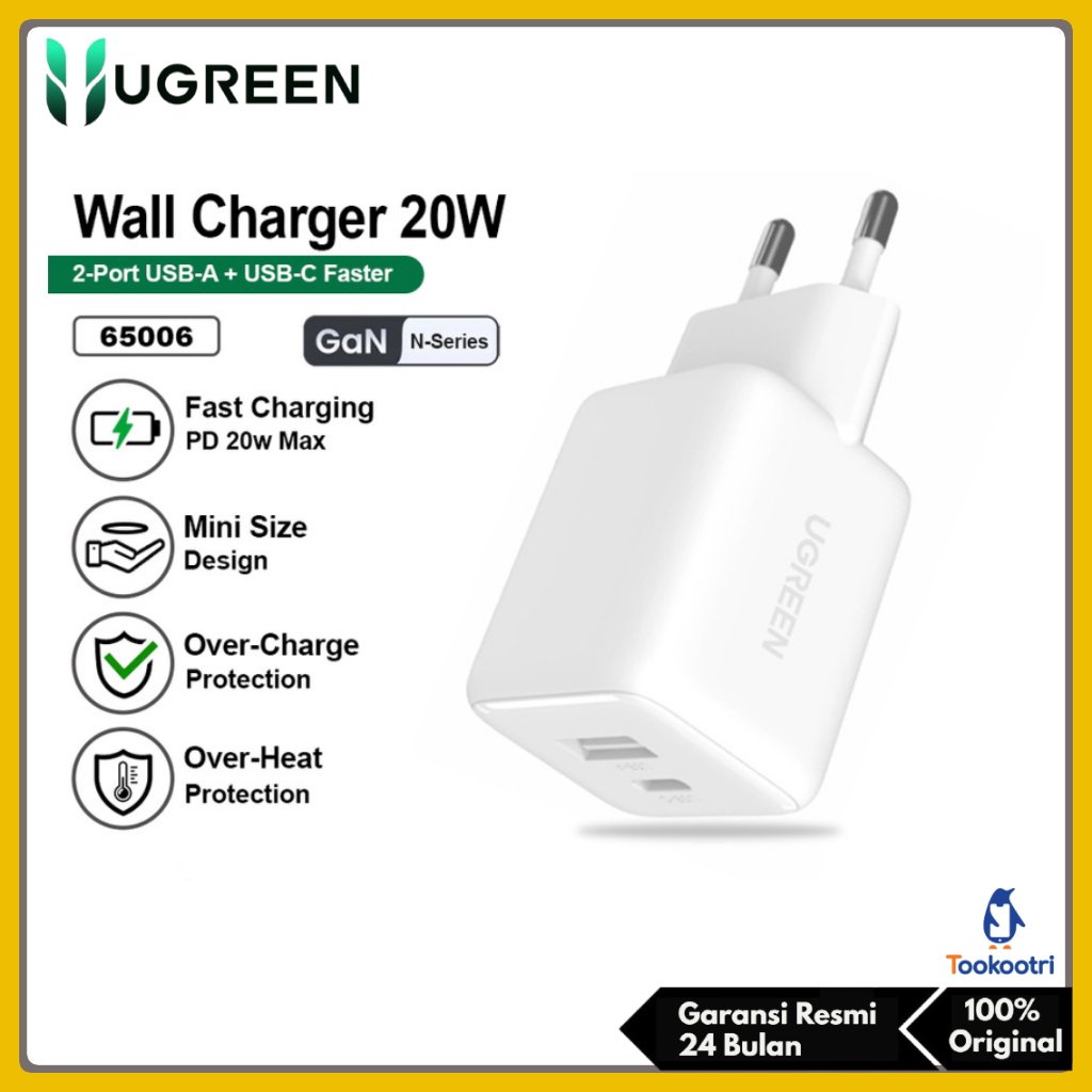 Jual UGREEN Kepala Charger Dual Port USB A + USB Type C 20W Fast ...