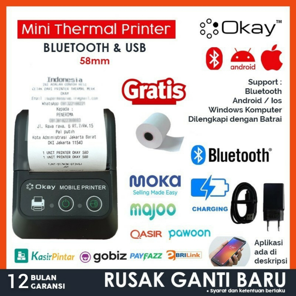Jual OKAY 58B Printer bluetooth mini mobile 58MM thermal android ...