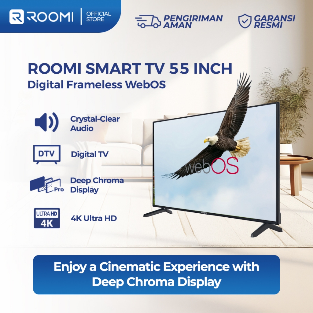 Jual ROOMI Smart TV 55 inch Digital Frameless WebOS RMTV055-S | Shopee Indonesia