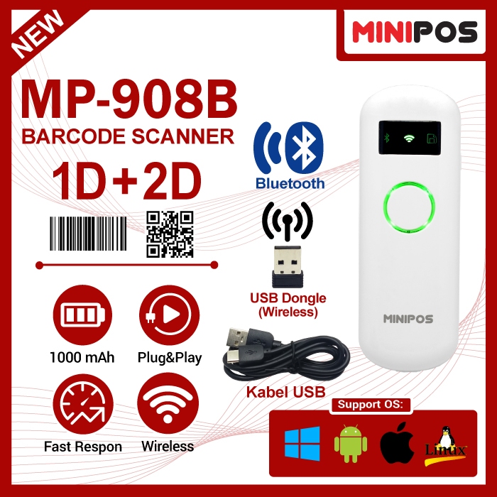 Jual Barcode Scanner Mobile 1D 2D MINIPOS MP-908B Auto Scan Bluetooth Wireless QRCode PDF417 ...