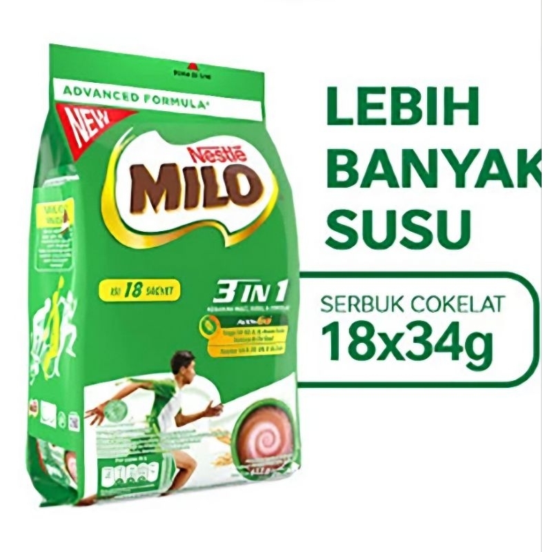 Jual Milo 3in1 Minuman Serbuk Cokelat 612g Pouch (isi 18 sachet × 34g ...