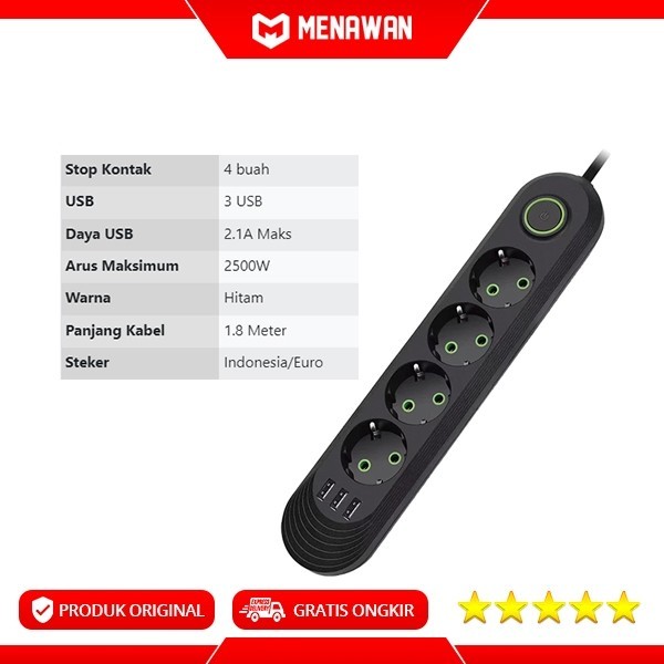 Jual Stop Kontak dengan USB Port – EU Plug 10A, 4 Lubang, 2500W Super Praktis! | Shopee Indonesia