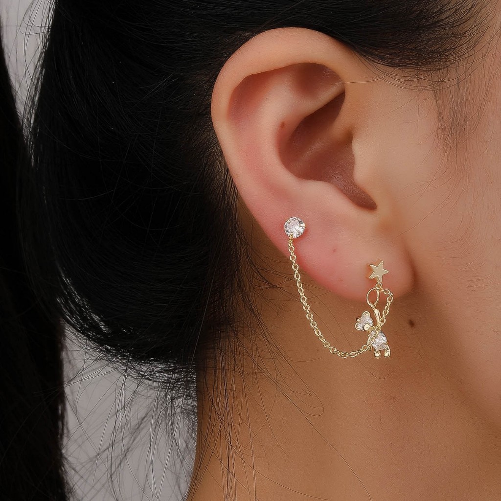 Jual 【Intial】Double ear piercing bear ear studs Japanese gold ear studs ...