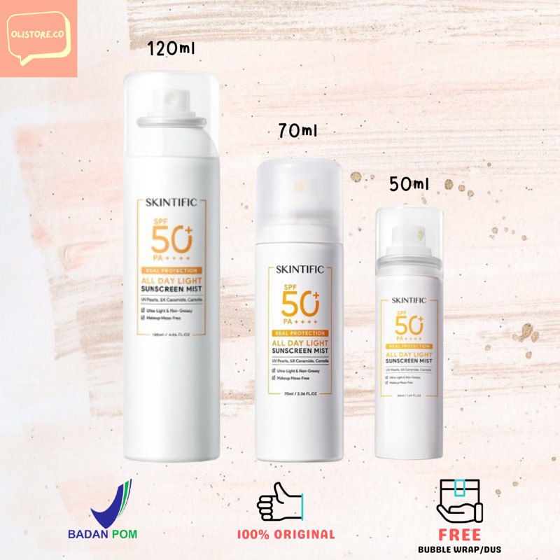 Jual [SKINTIFIC] All Day Light Sunscreen Mist Spray SPF 50 PA++++ | 50ml 70ml 120ml | Shopee ...