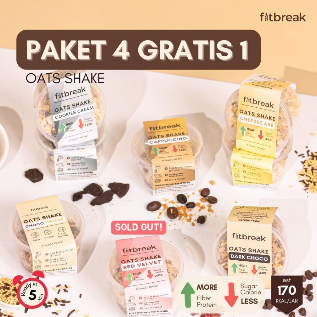 Jual Paket 4 Gratis 1 Oats Shake Dark Choco, Cookies Cream, Cheesecake ...