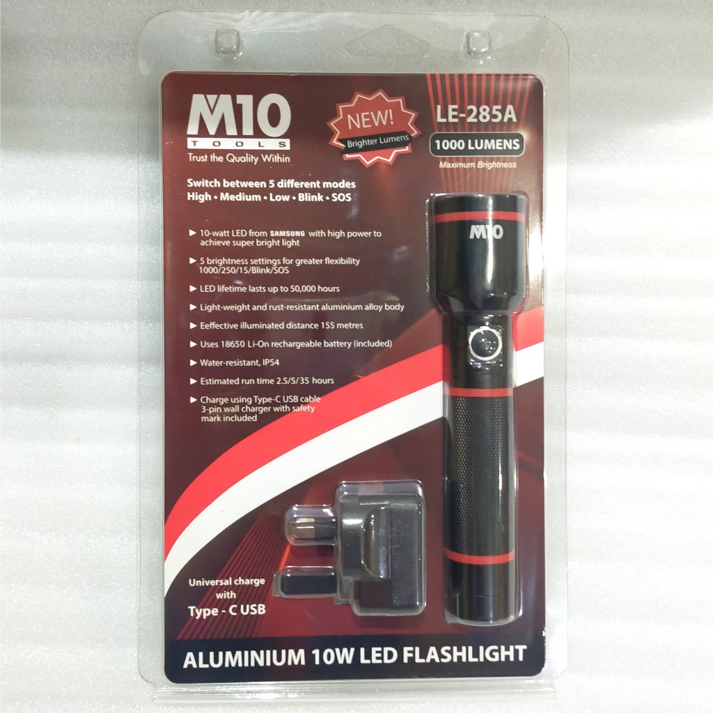 Jual M10 LE-285A 1000 LUMENS ALUMINIUM 10W LED FLASHLIGHT / Senter LED / Water-Resistant IP54 ...