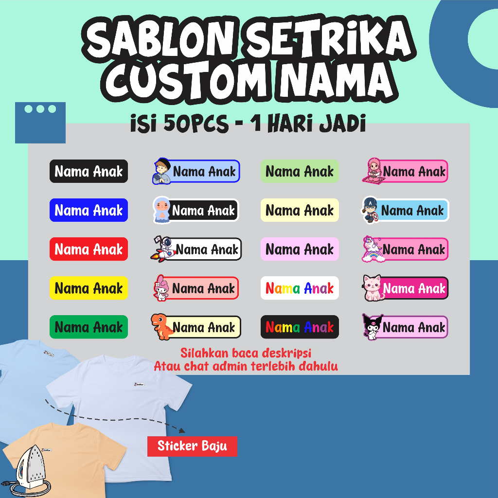 Jual Sablon setrika label baju custom nama sticker baju isi 50pcs ...