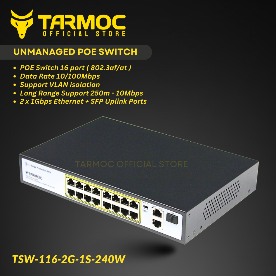 Jual Tarmoc TSW-116-2G-1S-200W | 16 Port 10/100Mbps POE 802.3af/at POE ...