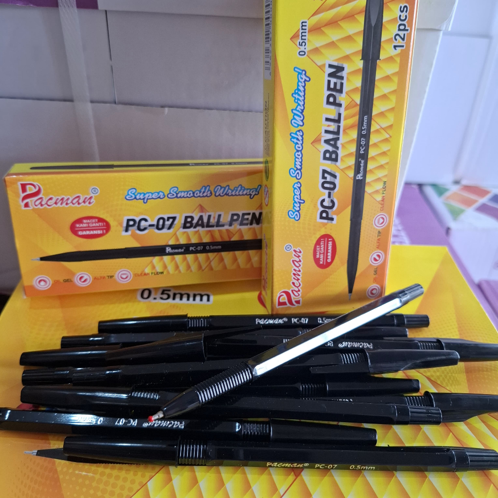 Jual 1 LUSIN - PENA HITAM ANTI MACET PACMAN PC-07 BALLPEN PULPEN 0,5MM ...