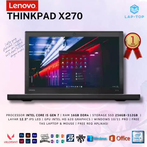 Jual Laptop Lenovo Thinkpad X270 Intel® Core™ i7 Gen 7 Ram 8GB, SSD 256GB, 12.5 Inch Second ...